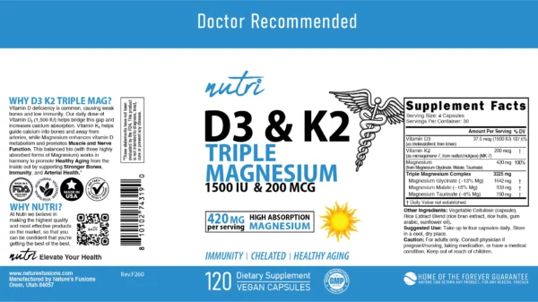 Nutri D3 & K2 Triple Magnesium 420 mg - 120 Count